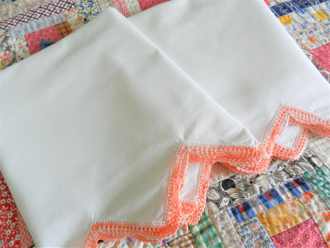 Peach Crocheted Pillowcase, Peach Pillowcases, Crochet Trim, Cotton ...