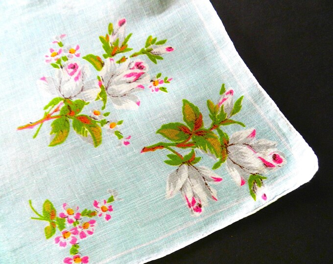 Aqua Handkerchief, Roses, Pink, Wedding Handkerchief - Etsy