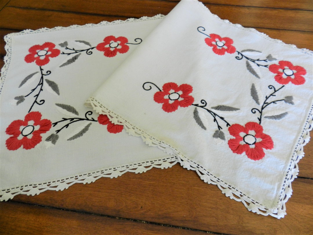 Red Dresser Scarf, Table Runner, Hand Embroidered, Large Runner, Bureau ...