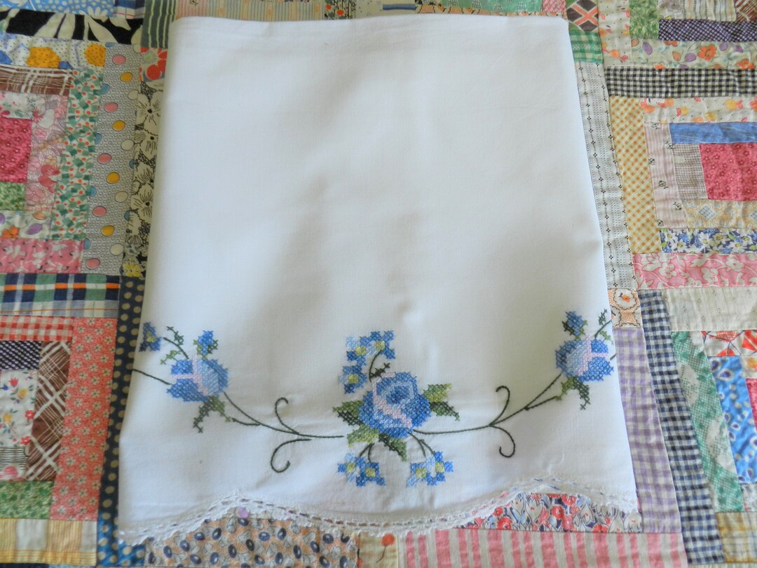 Blue Embroidered Envelope Sham Pillowcase Crochet Trim - Etsy