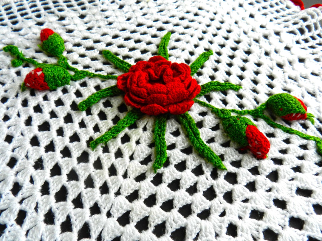 Raised Red Rose Doily, Red Rose Doily, Table Mat, Hand Crocheted ...