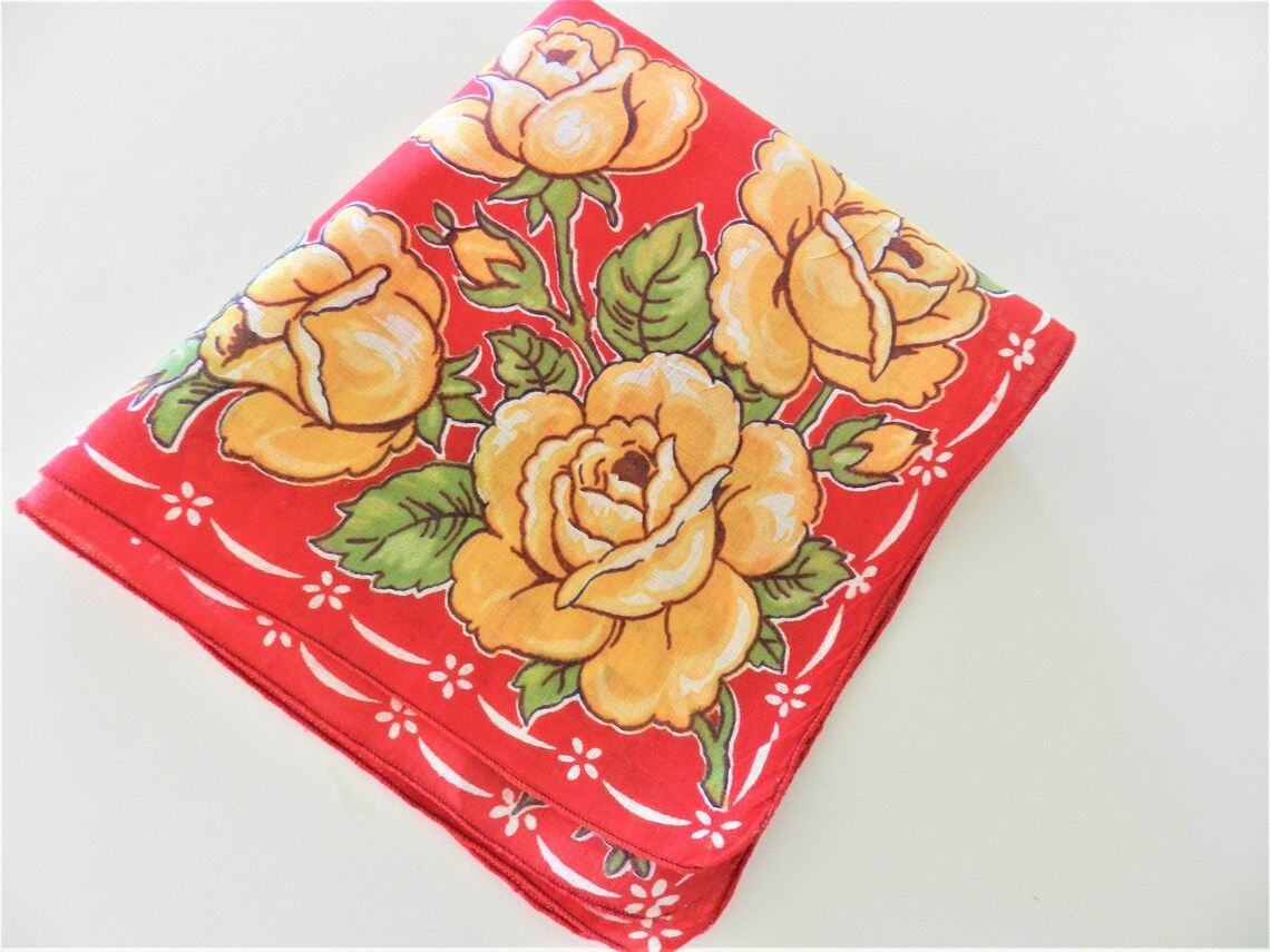 Red Hankie Red Border Handkerchief Gold Rose Hankie Flower | Etsy