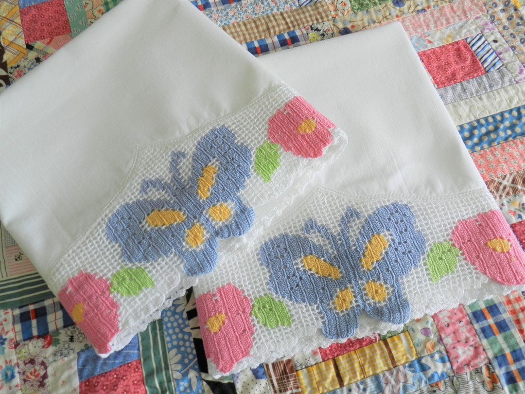 NOS Blue Butterfly Crochet Trim Pillowcases, Pink, Handmade, Vintage ...