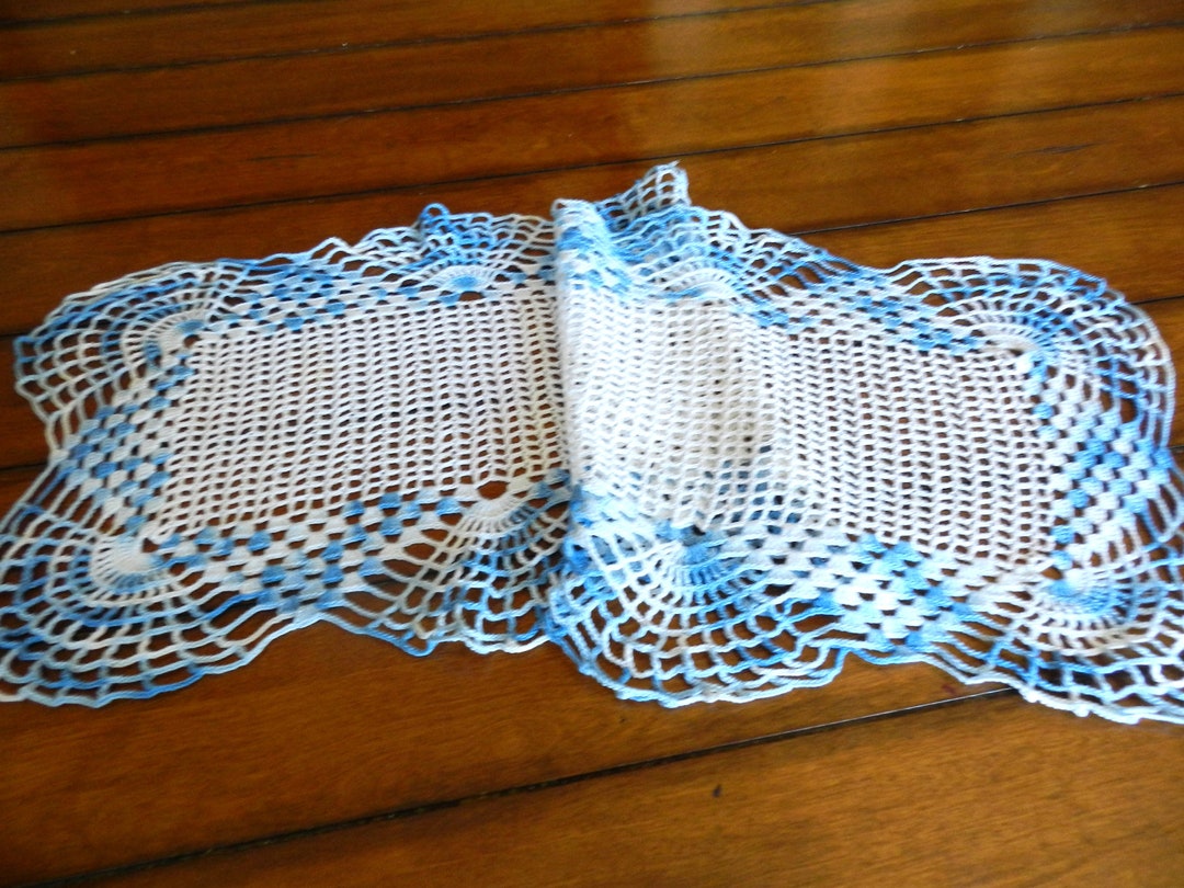 Blue Crocheted Runner, Hand Crochet, Blue Table Mat, Blue Dresser Scarf ...