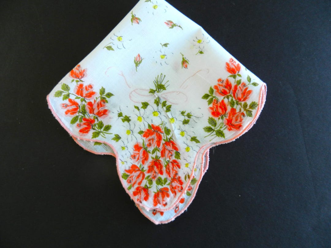 Pink Rose Handkerchief, Scalloped Trim, Wedding Handkerchief, Bridal ...