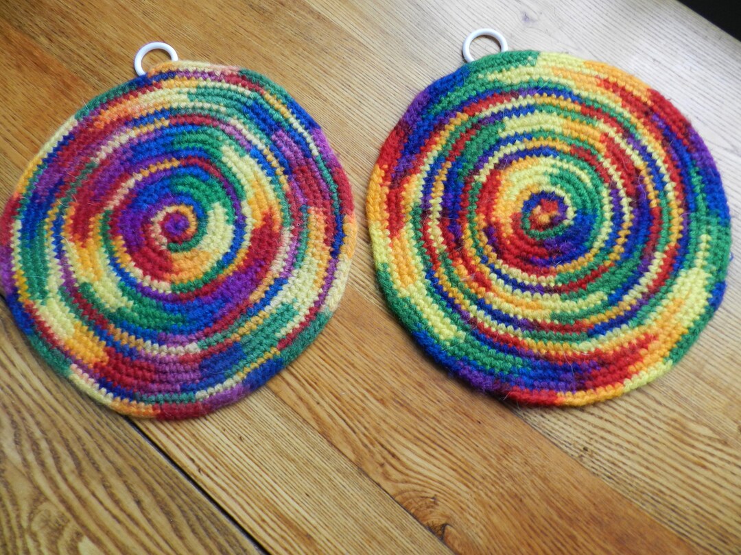 2 Vintage Multi Colored Trivet Potholders, Potholder Set, Retro Trivets ...