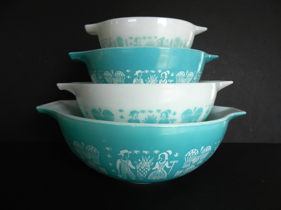 Pyrex Butterprint Bowl Set, 4 Pc Pyrex Amish Bowl Set, Turquoise Pyrex ...