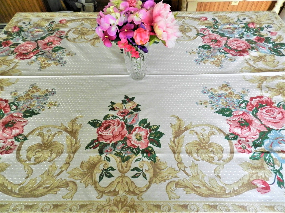 Pink Floral Tablecloth, Gold Tablecloth, Elegant Tablecloth, Holiday ...