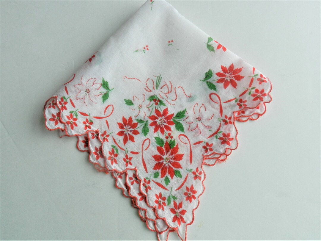 Christmas Hankie Red Poinsettia Hanky Vintage Handkerchief - Etsy