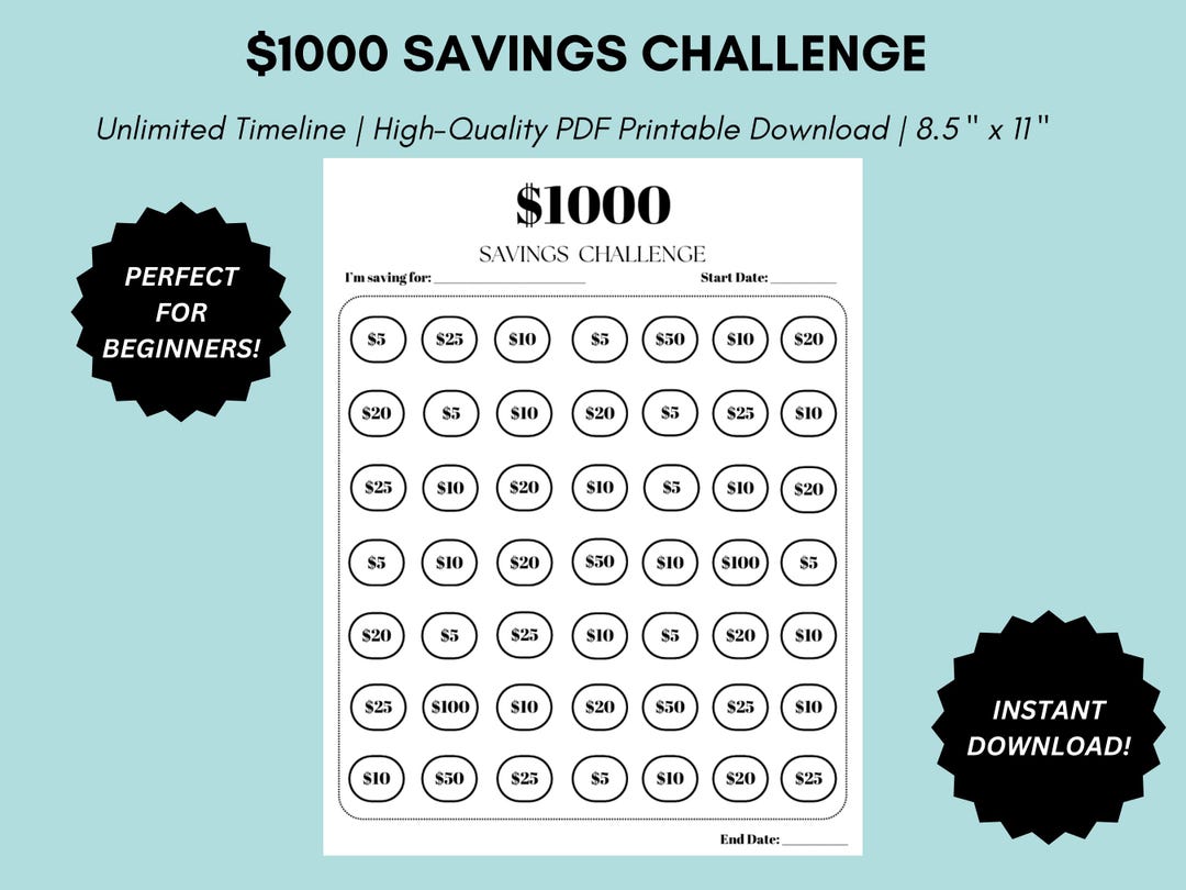 Beginner Savings Challenge, 1000 Dollar Challenge, Printable Savings ...