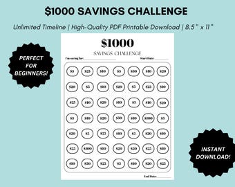 Beginner Savings Challenge, 5000 Dollar Challenge, Printable Savings ...