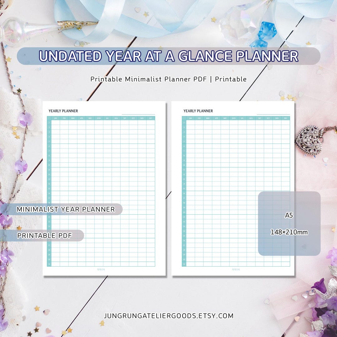 Undated Year at a Glance Printable Minimalist Year Planner One Page ...