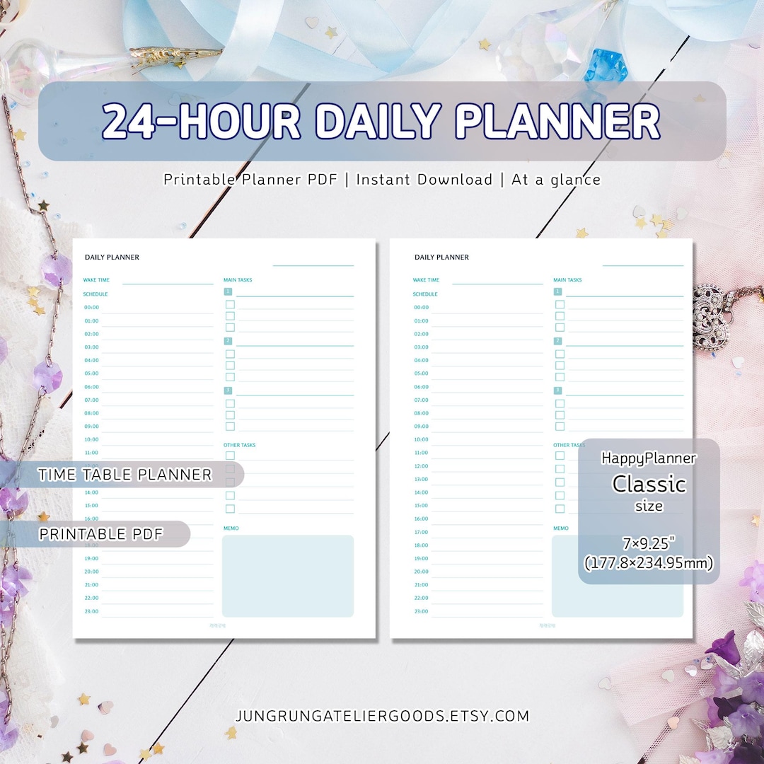 Undated Daily Planner Printable With 24 Hour Timeline Hourly Time ...