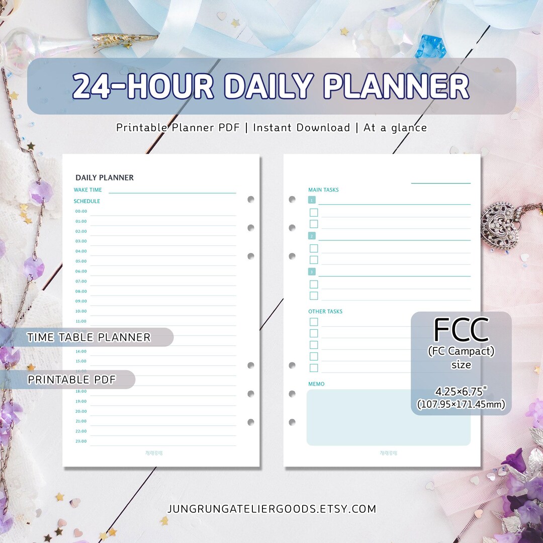 Undated FCC Daily Planner Printable 24 Hour Daily Schedule Hourly Time ...