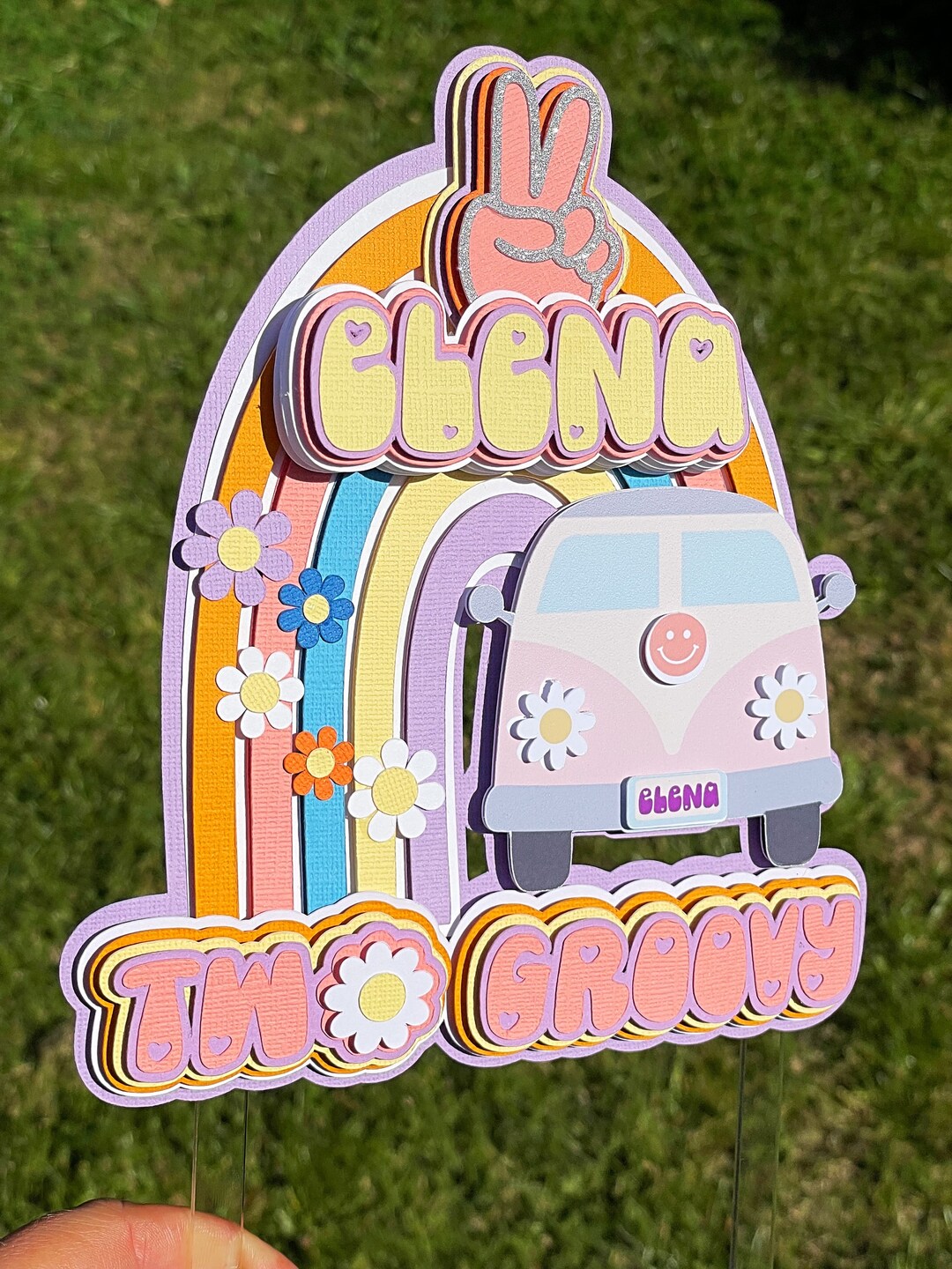 Two Groovy Cake Topper With Pastel Flowers, Peace Signs, Rainbows and ...