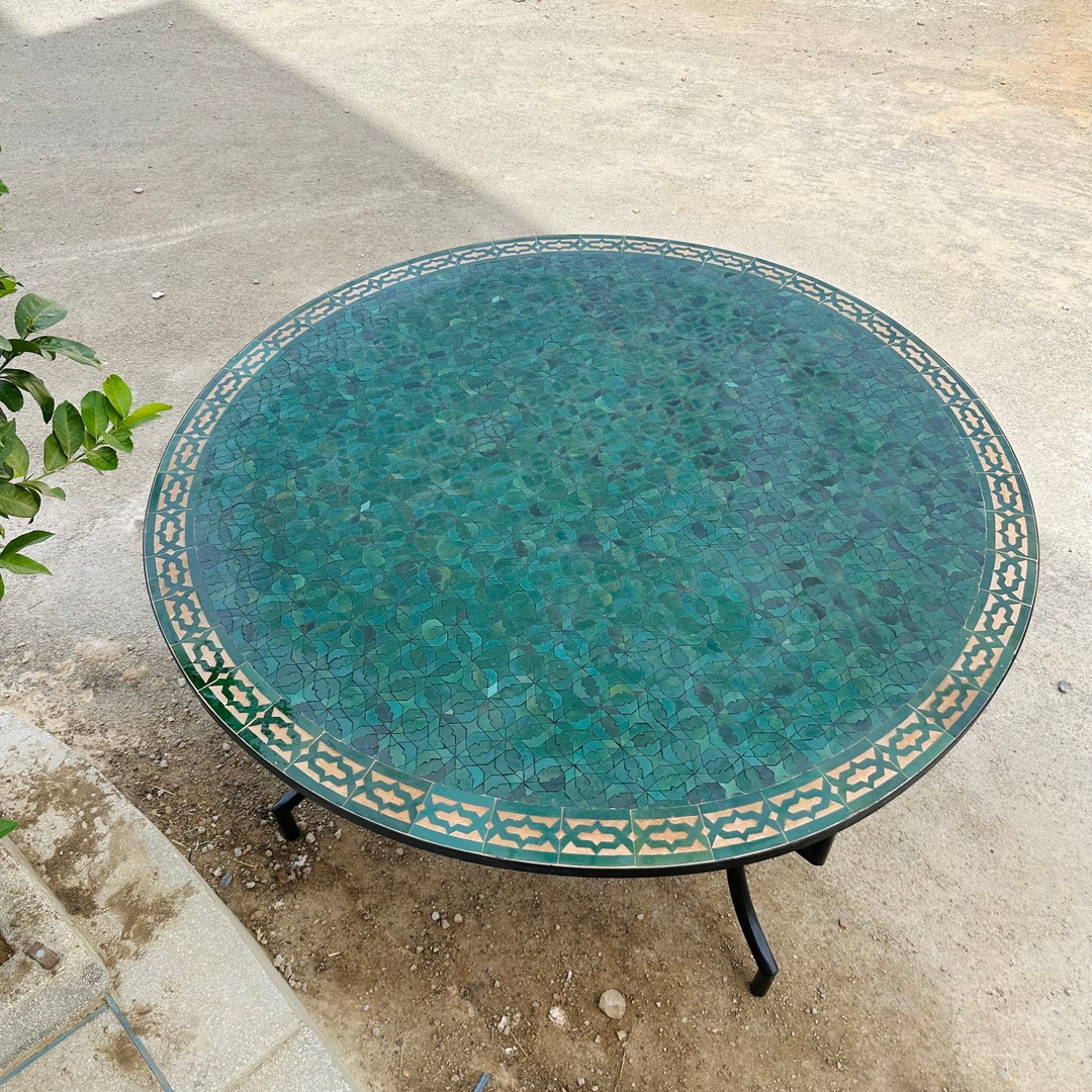 Emerald Green Mosaic Table Round Handmade Moroccan Tiles, Custom Made ...