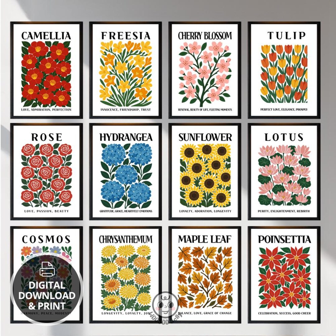 Modern Flower Meaning Prints: Botanical Wall Art Set (digital Download ...