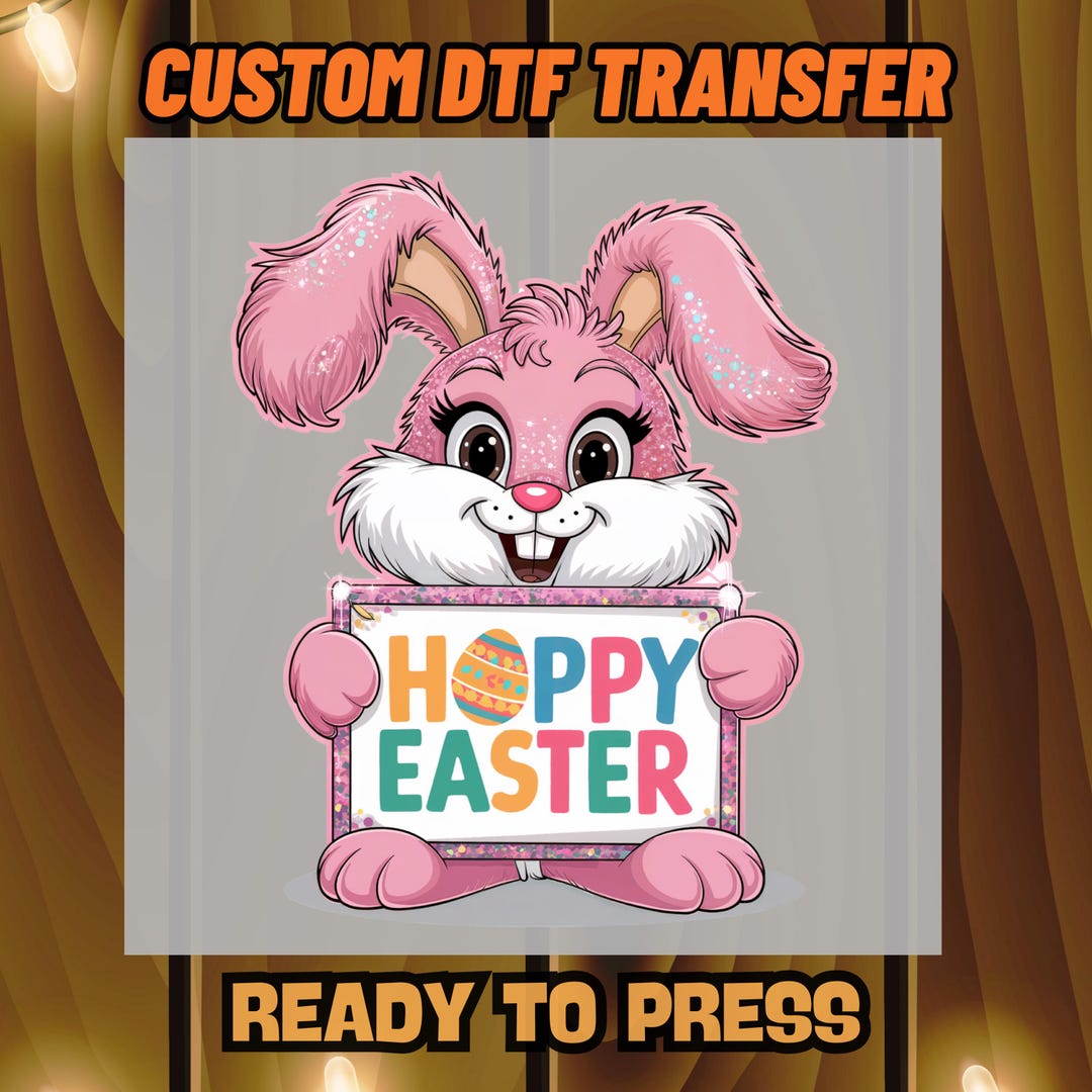 Pink Easter Bunny DTF Transfer, Hoppy Easter Heat Transfer, Cute Rabbit Iron On, Spring Ready to ...