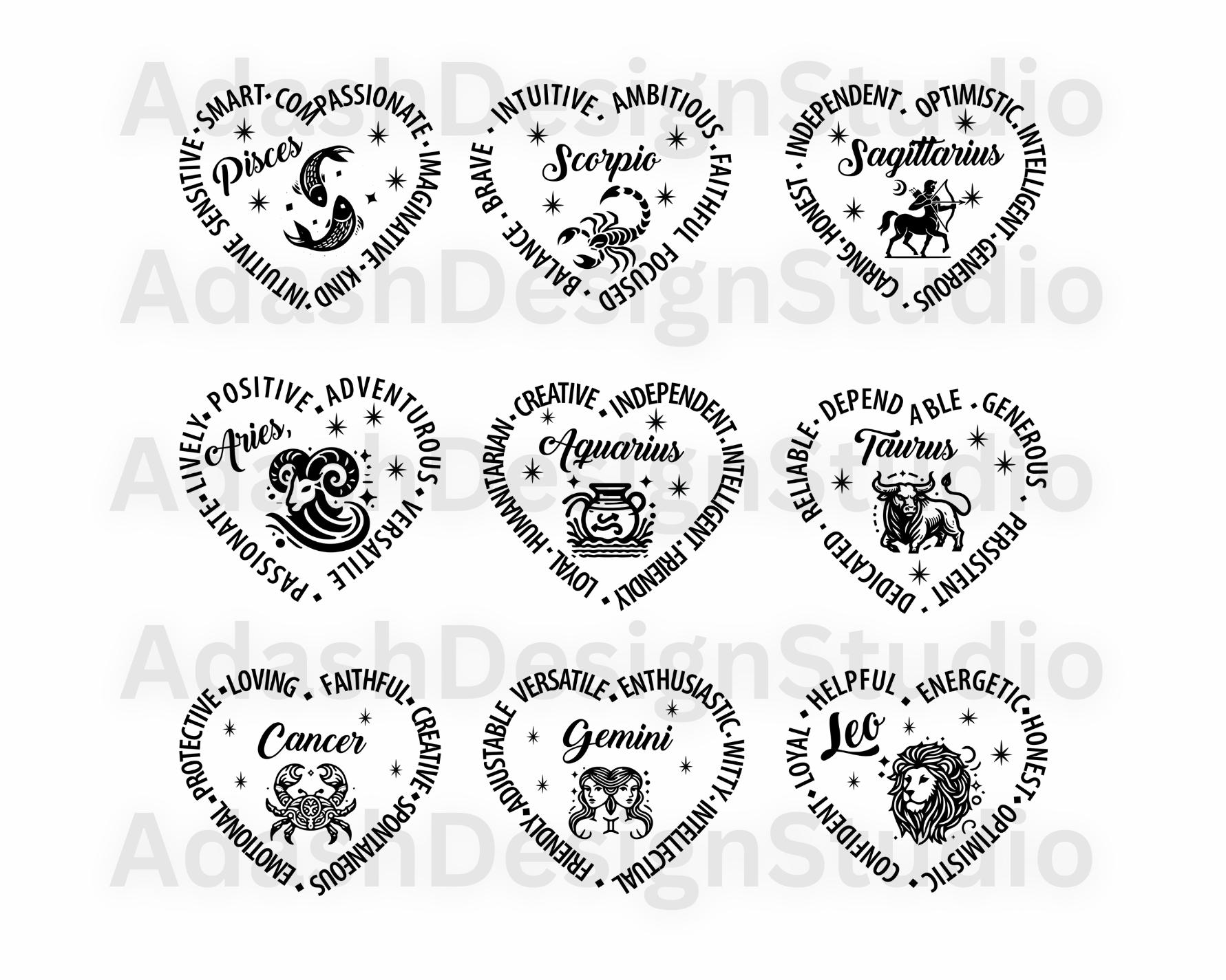 Zodiac Signs Bundle Svg Zodiac Sign Clipart Bundle Heart Shaped Zodiac ...