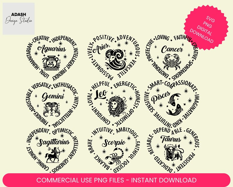 Zodiac Signs Bundle Svg Zodiac Sign Clipart Bundle Heart Shaped Zodiac ...