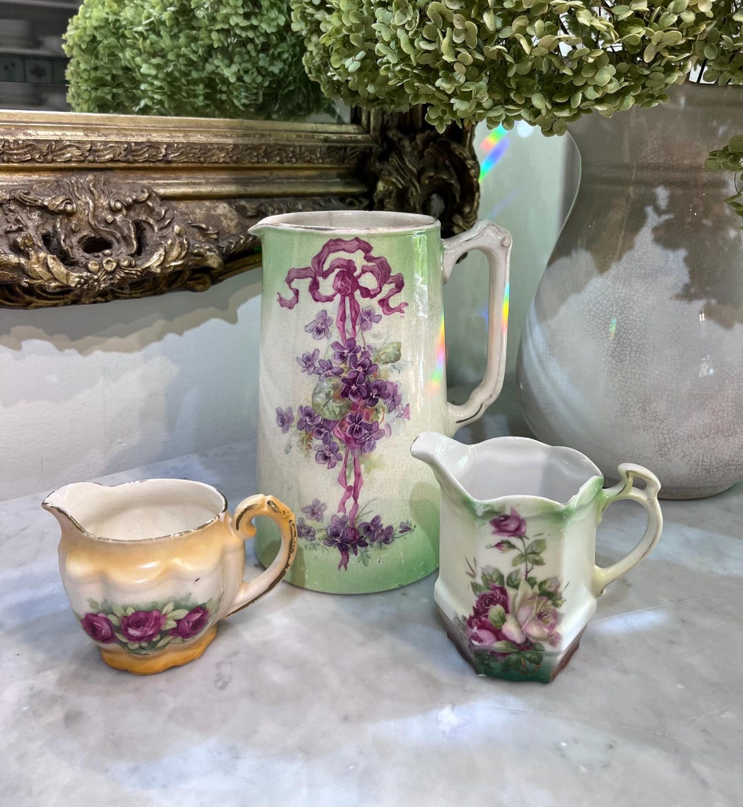 Pair of Antique Vintage Victorian Cottage Porcelain Creamers W/ Roses ...