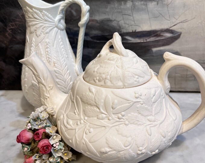 Victorian Parian Ware Pitcher - Antique Fern Relief Jug - Antique White ...