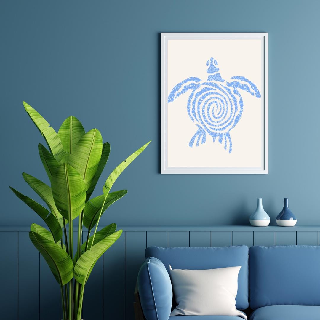 Blue Turtle Poster, Ocean Lovers Gift, Beachy Room Decor, Patterned ...
