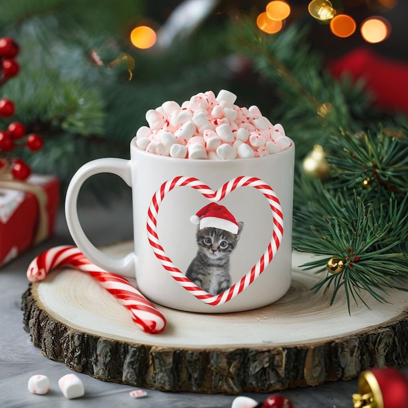 Custom Cat Christmas Mug, Personalized Cat Mug With Santa Hat & Candy ...