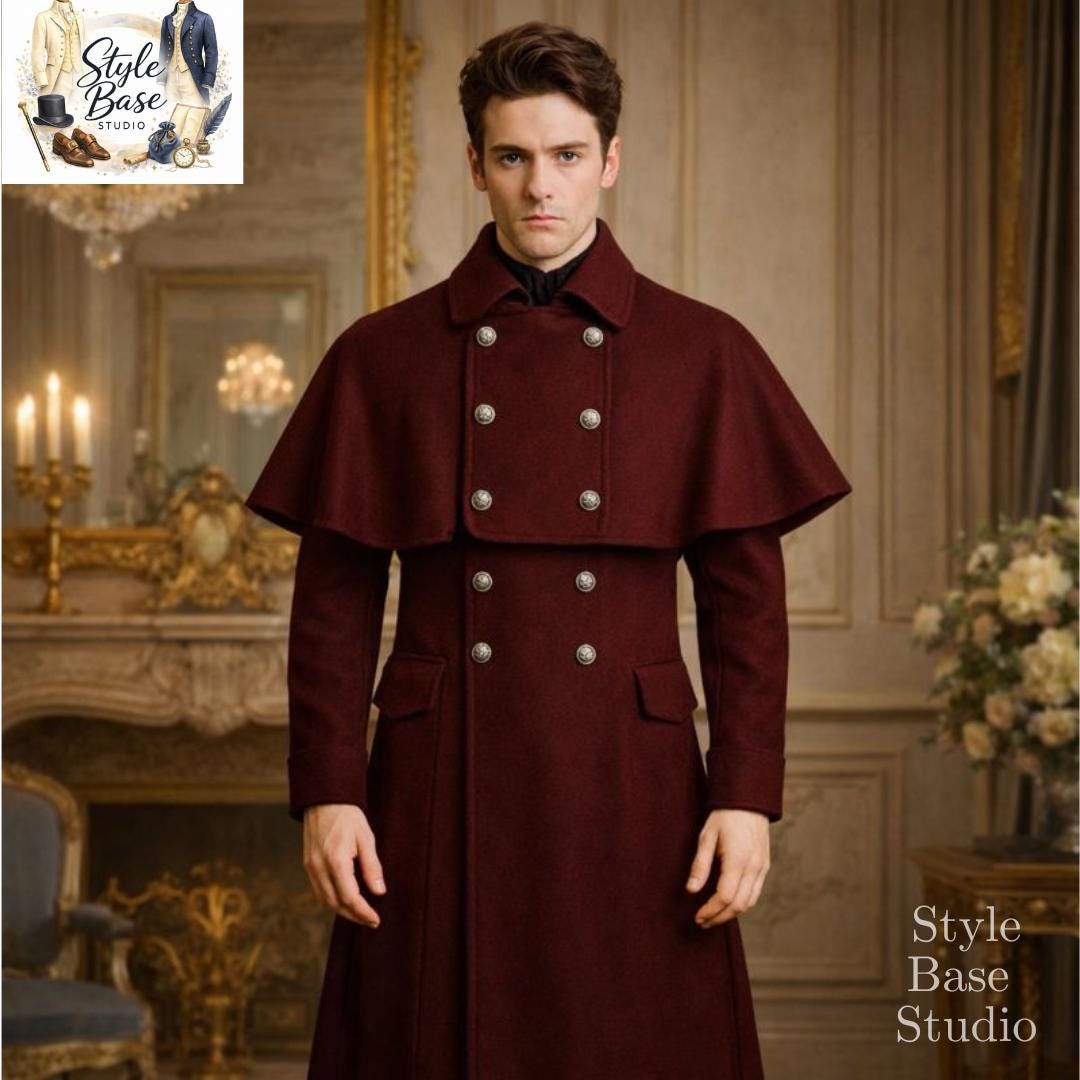 Men’s Burgundy Wool Cloak | Victorian-inspired Double-breasted Cape ...