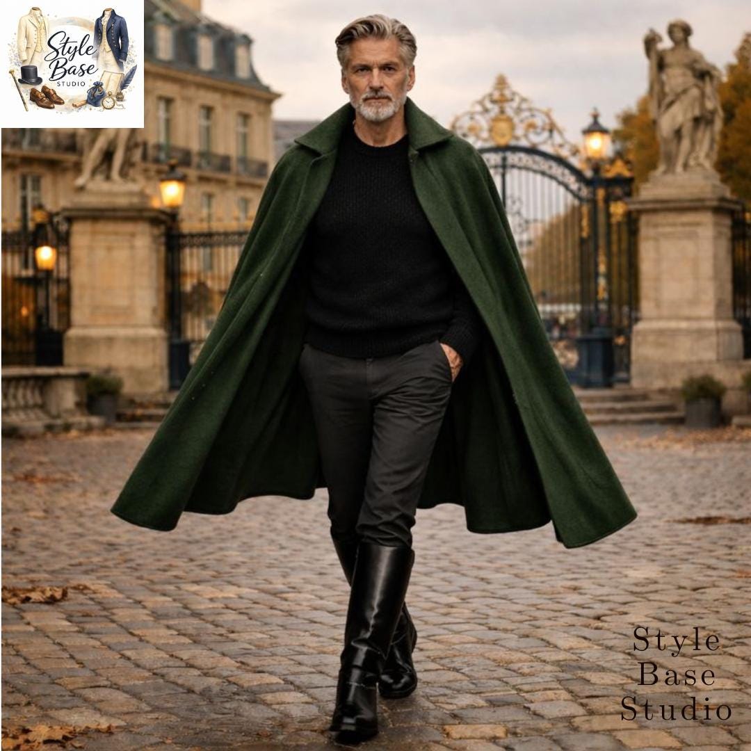 Men’s Dark Green Wool Cloak Cape – Handmade Vintage-inspired Overcoat ...
