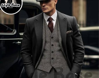 Men's 3-piece Tweed Suit Peaky Blinders Style, Herringbone Tom Shelby ...