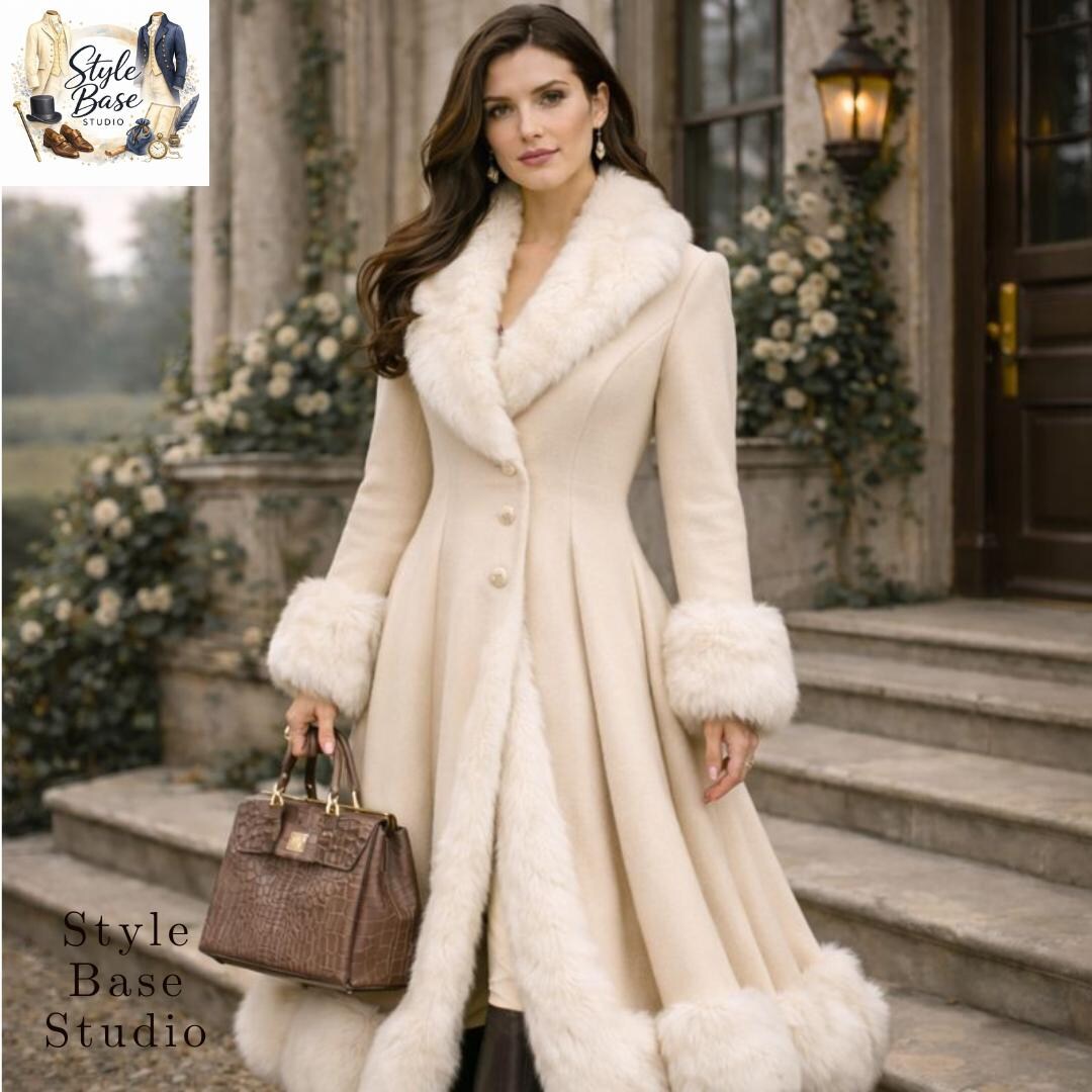 Women’s Cream Wool Coat With Fur Trim – Winter Formal Long Coat ...