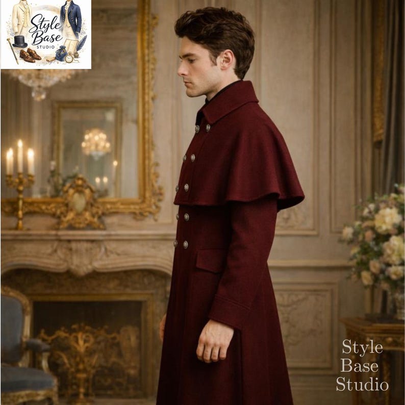 Men’s Burgundy Wool Cloak | Victorian-inspired Double-breasted Cape ...