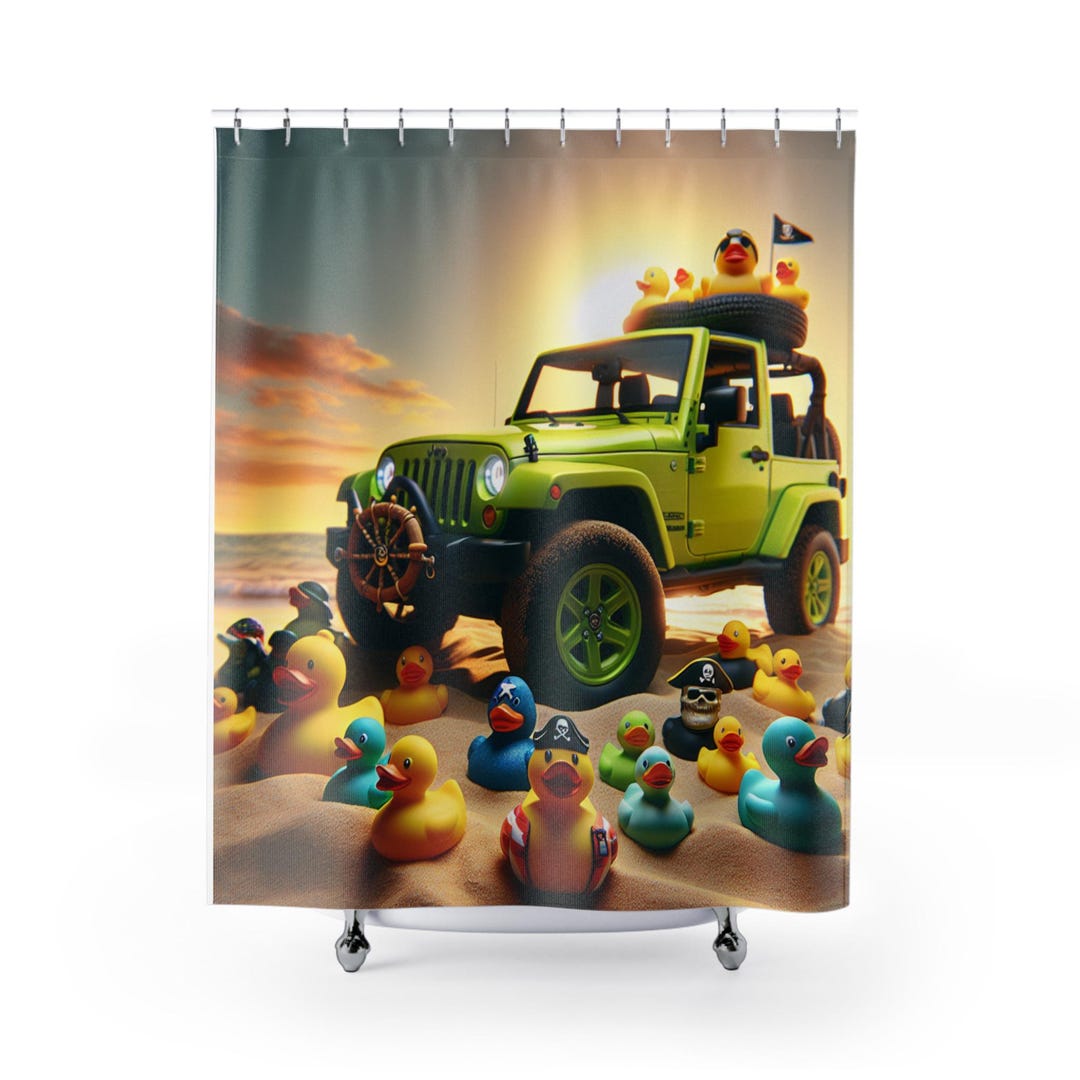 Shower Curtains a Green Jeep With Lots of Unique Rubber Ducks at the ...