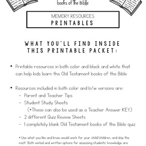 Old Testament Books of the Bible Memory Resources Printable Packet for ...