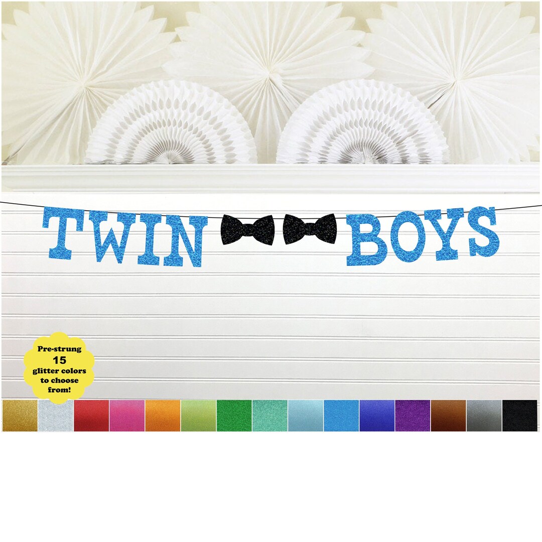 Twin Boys Banner - Glitter 5 Inch Letters - Twin Baby Boys Shower Bow ...