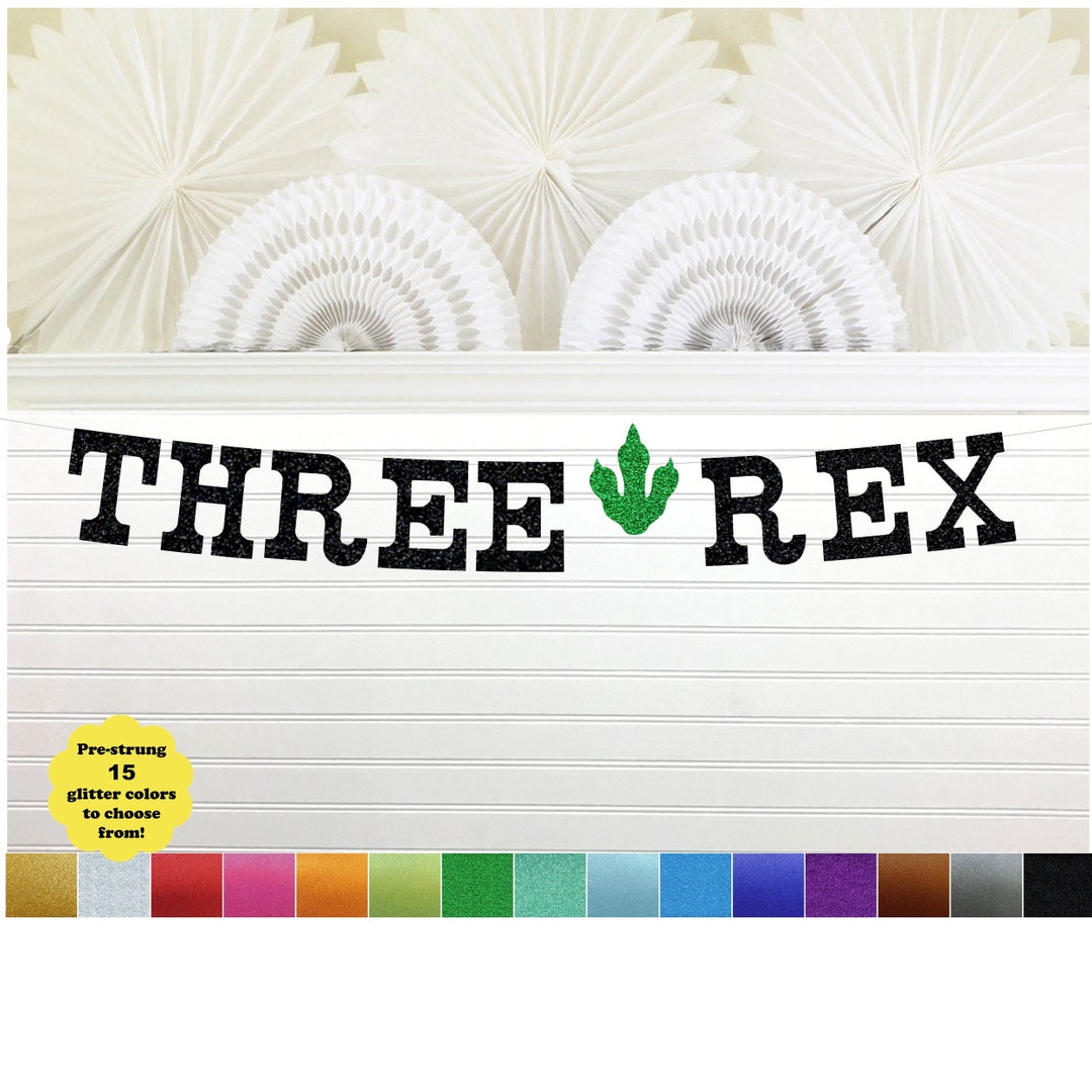 Three Rex Birthday Banner ANY AGE - Glitter 5 Inch Letters - Dinosaur ...