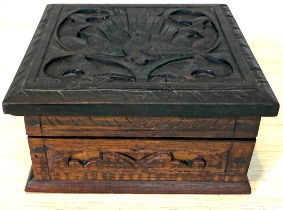 Vintage Carved Wood Box with Bird Design / Hinged Lid… - Gem