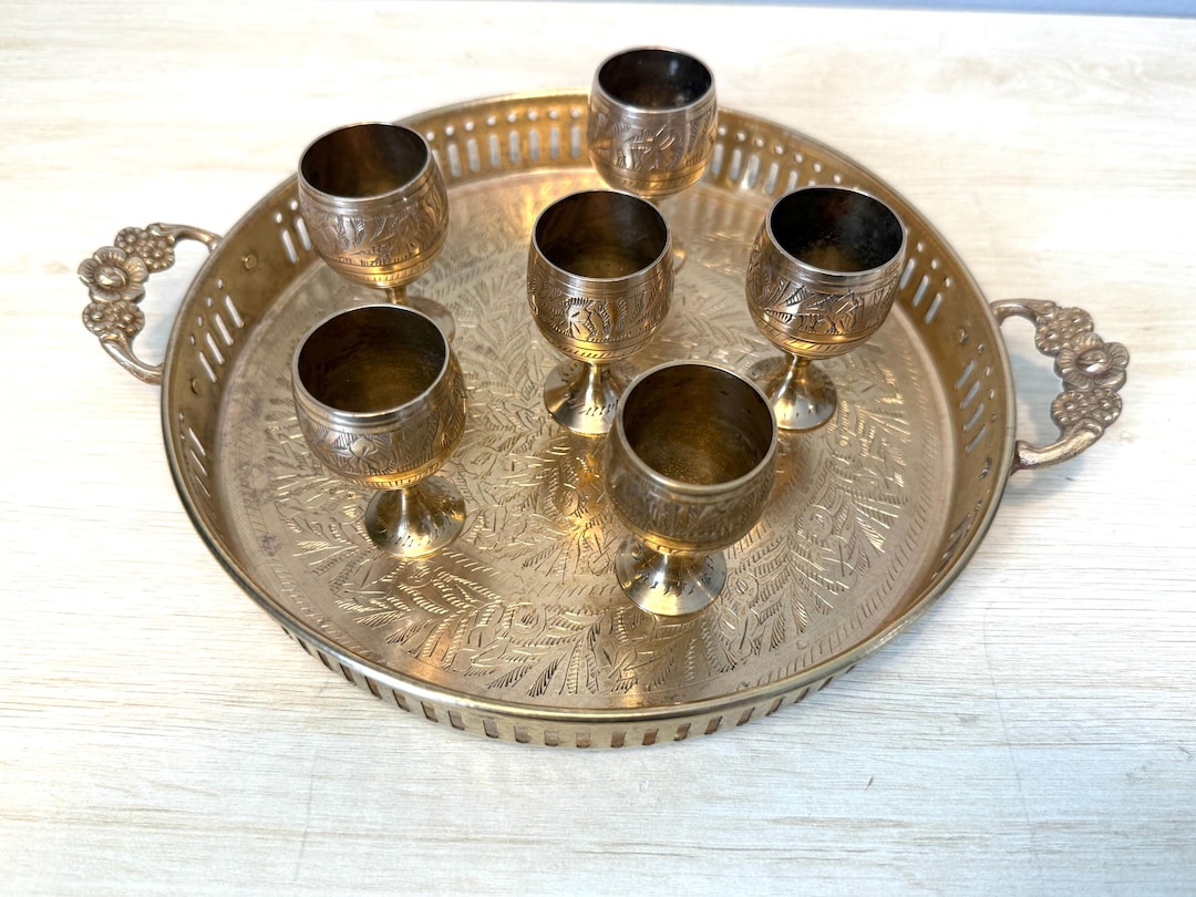 Vintage Brass Cordial Set / Etched Brass Tray and 6 Small Goblets/ Made ...