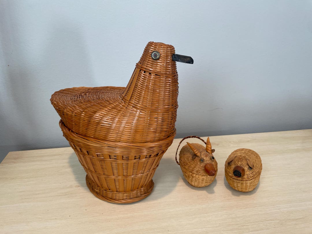 Vintage Wicker Animals Large Chicken or Pig and Ram Pair Basket Boho ...