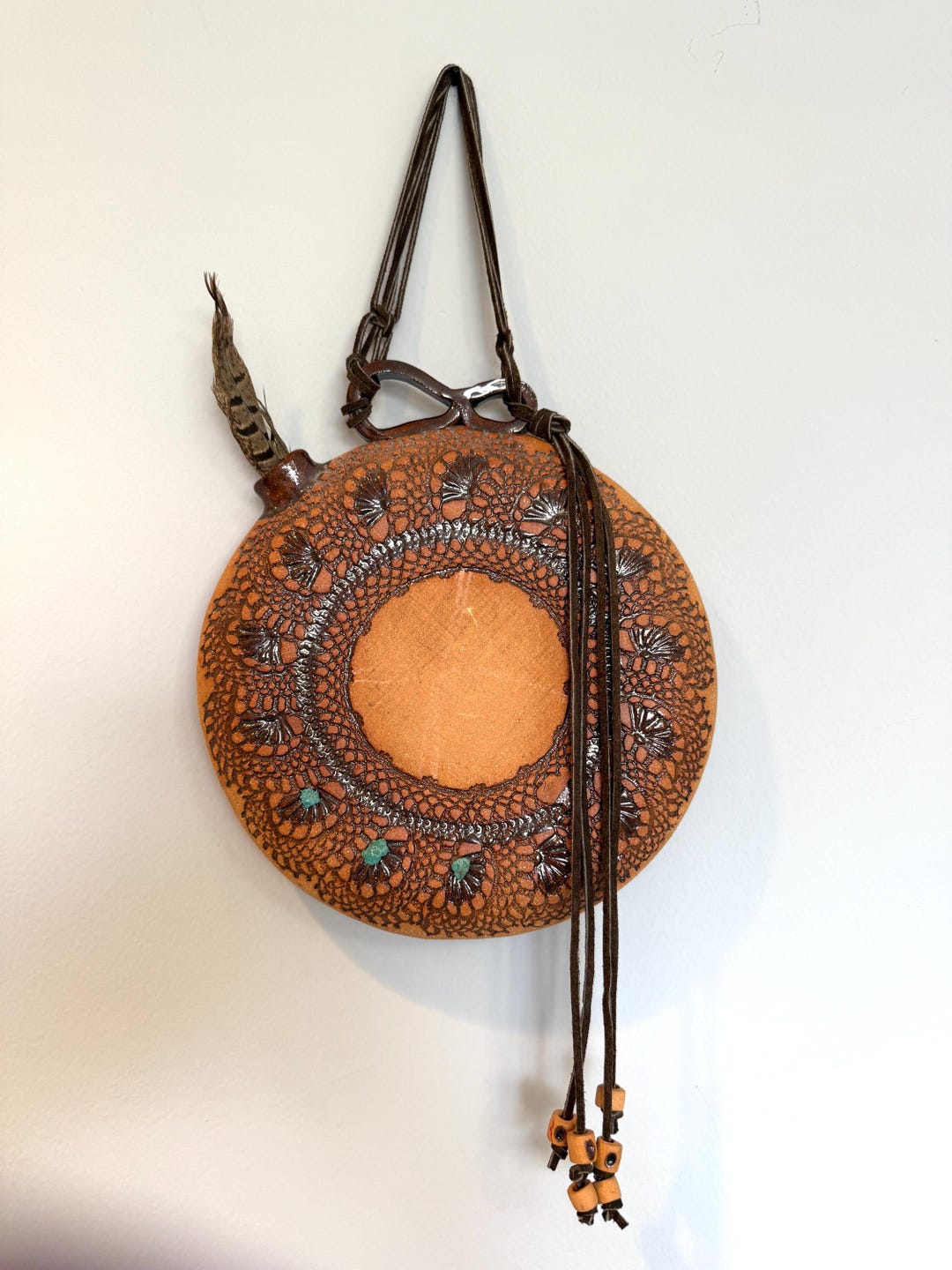 Native American Pottery/ Made by Trish/ Turquoise Leather Feather ...