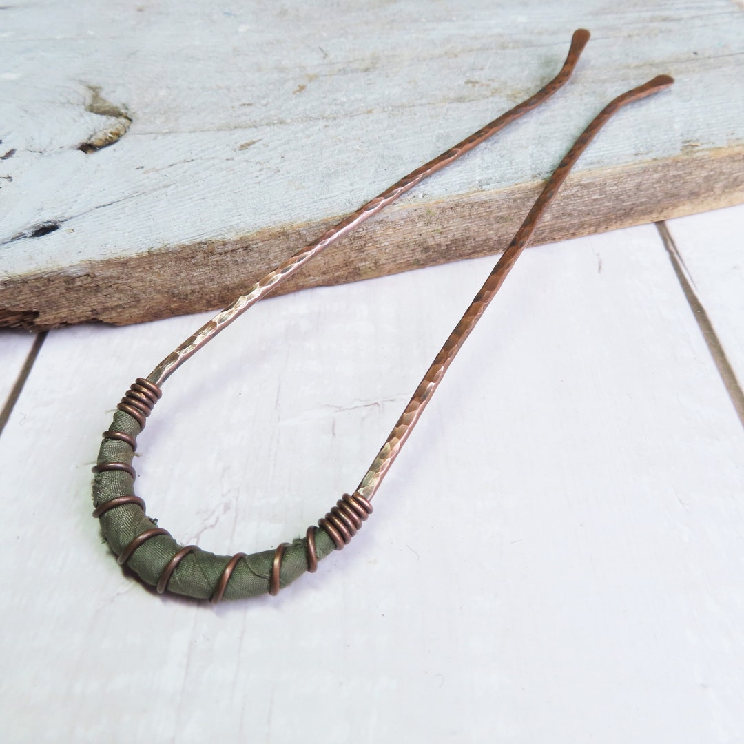 Copper and Silk Hairpin in Military Green, Upcycled Copper -by Gypsy ...