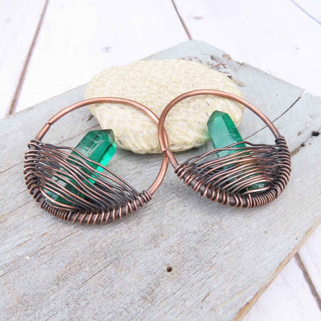 10 Gauge Copper Hoops With Dark Green Crystals, Ear Weights, Tunnel ...
