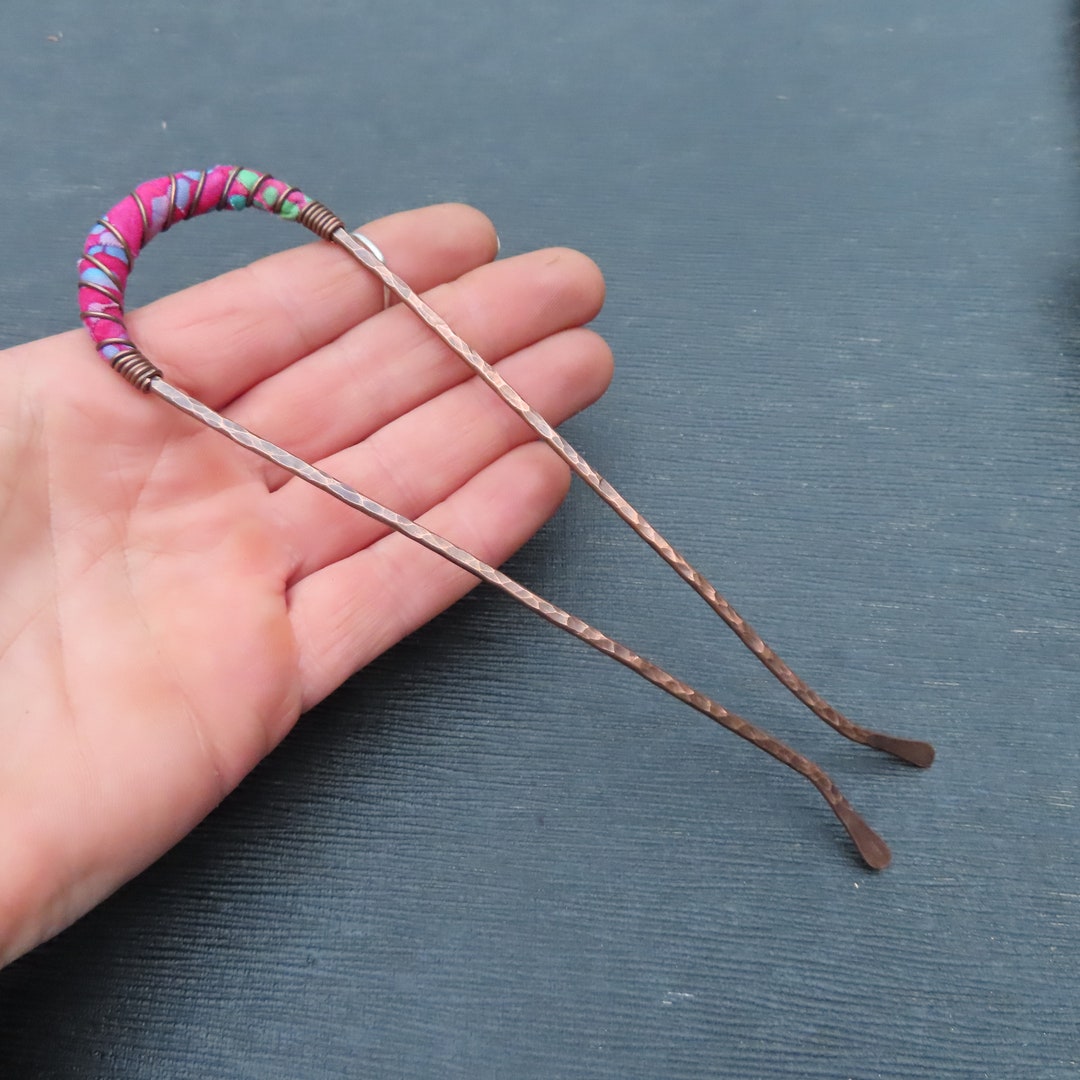 Copper and Batik Hairpin in Red Rainbow, Upcycled Copper -by Gypsy ...