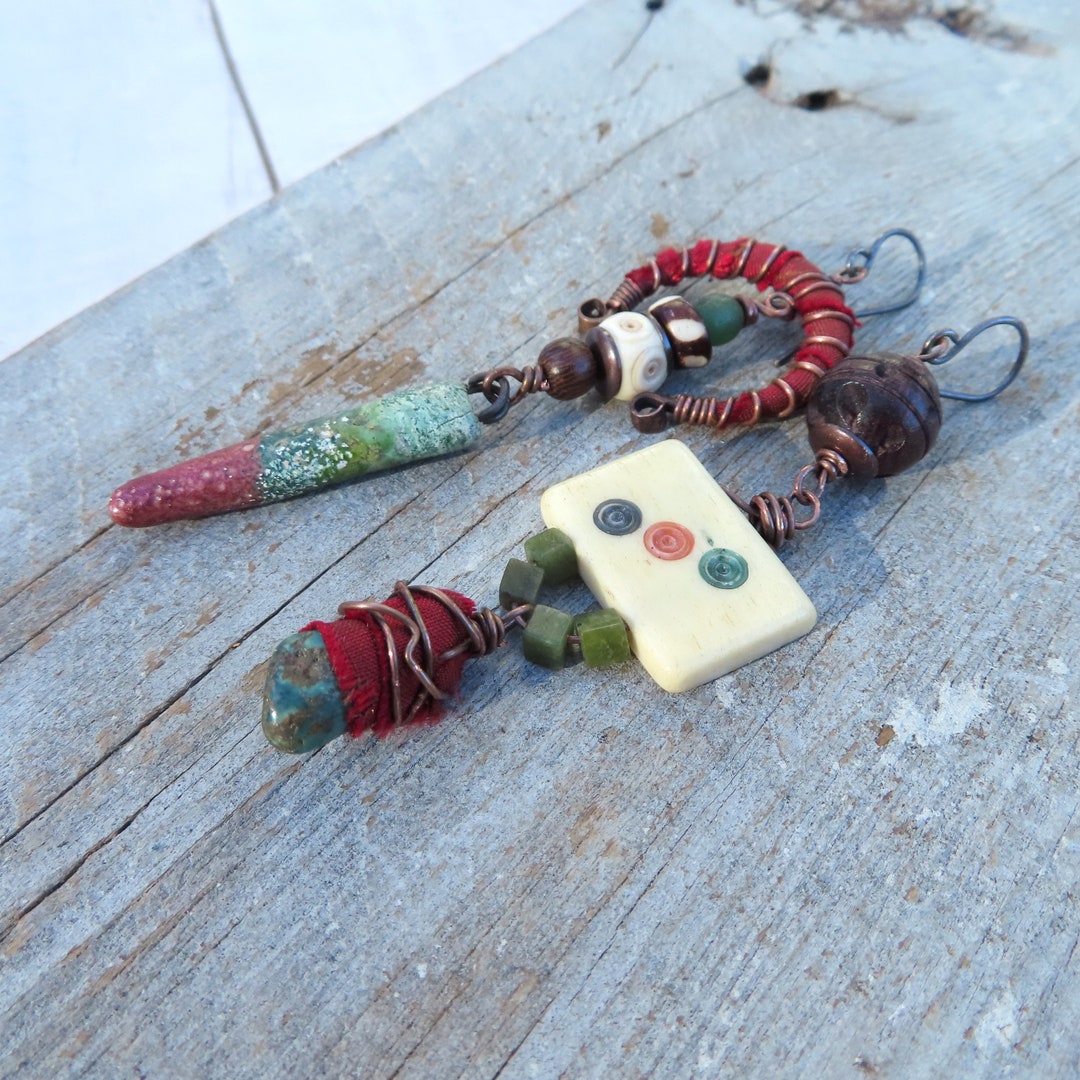 Mismatched Rust and Dark Green Earrings, Asymmetrical Earrings, Earthy ...