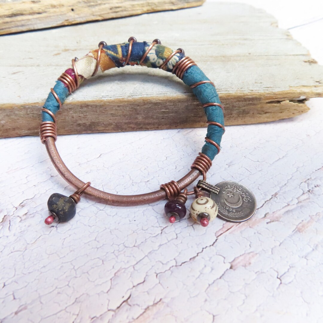 Silk Road Bangle Handmade, Silk Wrapped, Upcycled Copper, Boho Charm ...