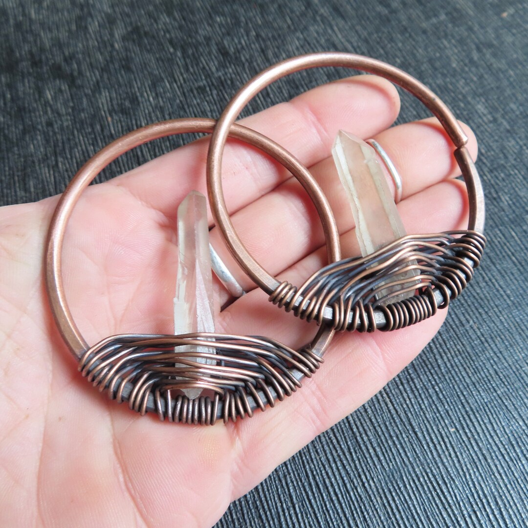 8 Gauge Copper Hoops With Aura Quartz Crystals, Hanger Plugs, Tunnel ...