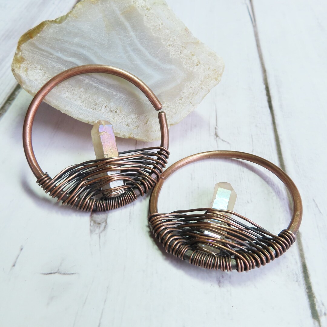 8 Gauge Copper Hoops With Aura Quartz Crystals, Hanger Plugs, Tunnel ...