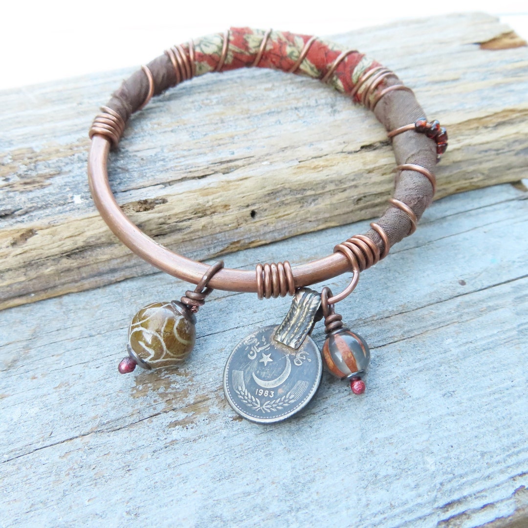 Silk Road Bangle Handmade, Silk Wrapped, Upcycled Copper, Boho Charm ...