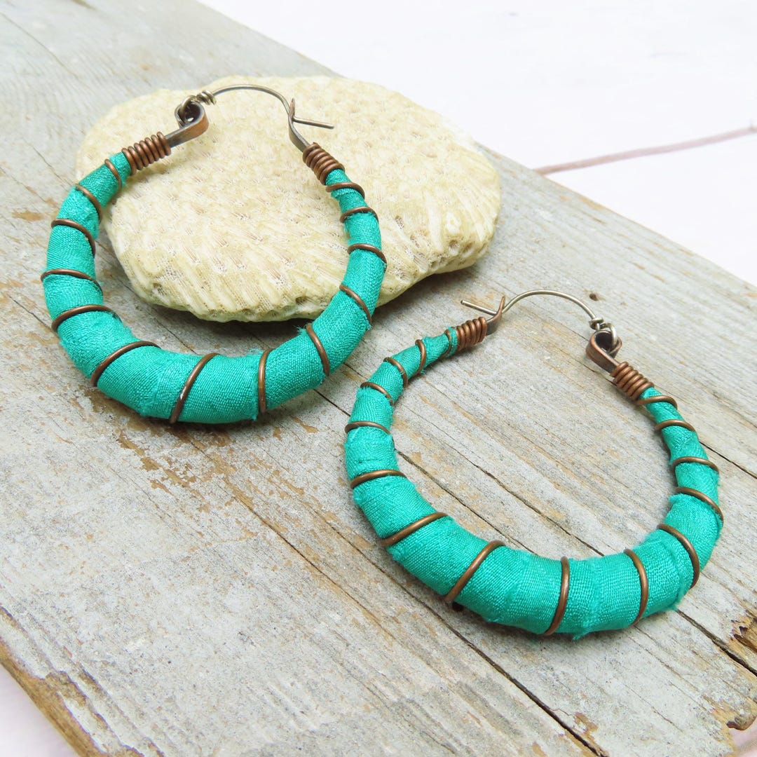 Kelly Green Silk Wrapped Hoop Earrings: Sterling Silver, Upcycled ...